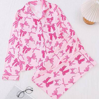 Women 2 Pajama Set Bowknot Print Sleepwear Shirt Collar