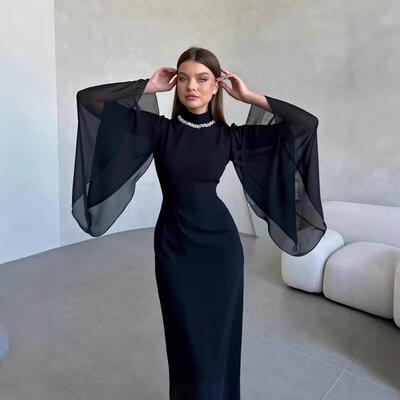 Mesh patchwork elegant large swing sleeves pearl long dress