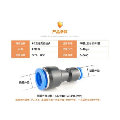 气PKV动气/管快速快插/直通变径转接头PG6-4/8-6/10-81210/8-416-