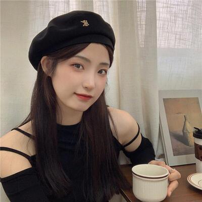 甜酷不掉队~韩系金属黑色毛呢贝雷帽女秋冬气质网红复古画家帽潮