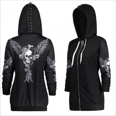 Printed hooded long sleeved sweatshirt with skull wings