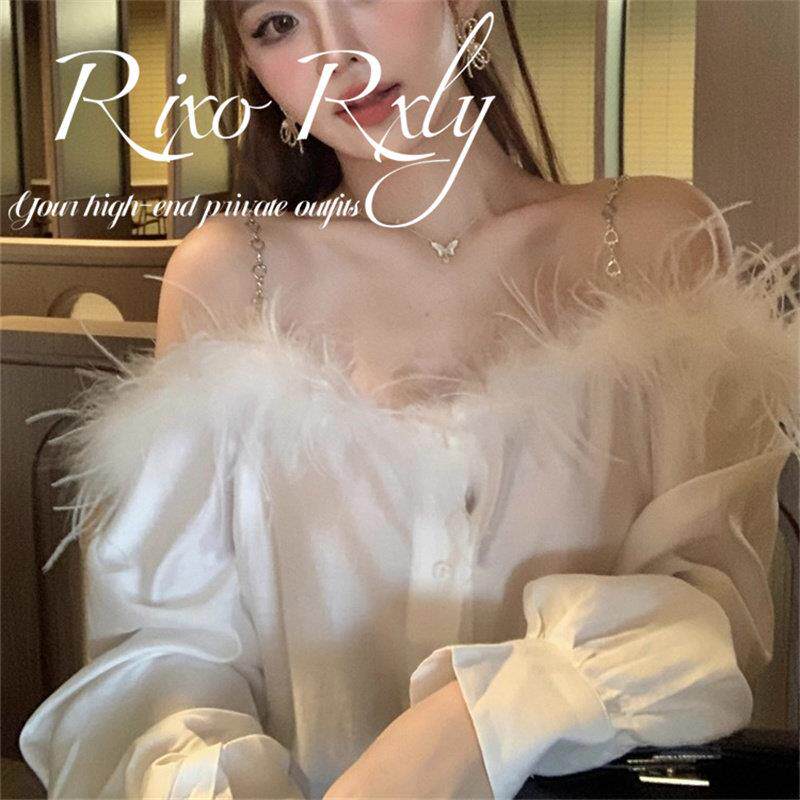 RIXO RXLY法式毛绒一字肩衬衫女春夏小众设计感纯欲甜美休闲上衣