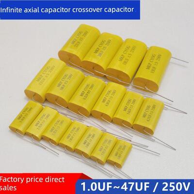 轴向无级电容器黄扁铜引脚250V 0.68~47Uf高音频率阻断电容器发热