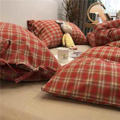 高档北欧简约红.色格子水洗棉床上四件套棉纯棉ins少女全心公主风