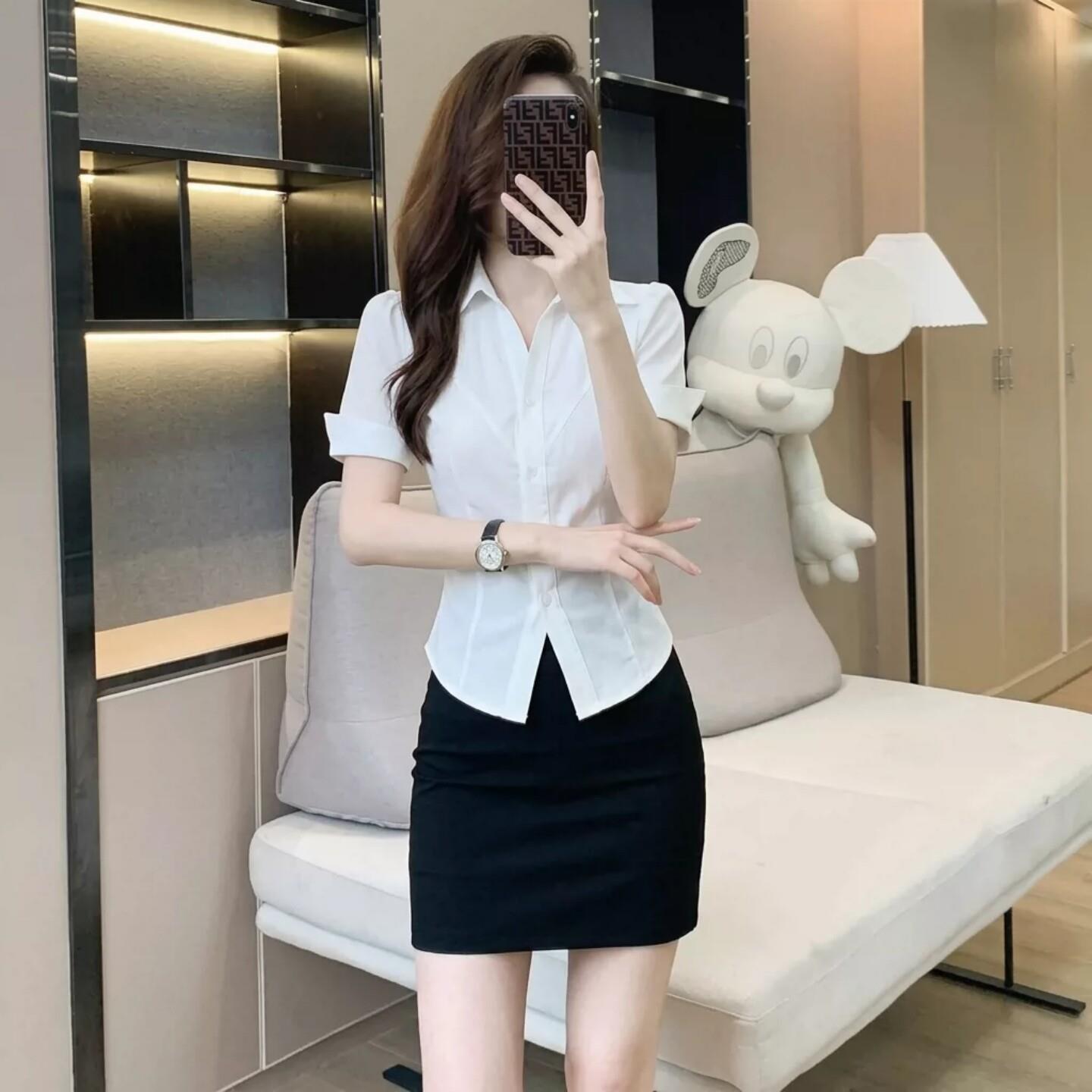 夏季收腰白衬衫包臀裙职业套装酒店前台空姐制服OL通勤气质工作服