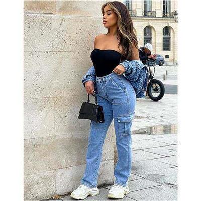 Casual multi pocket straight leg jeans wmen pants 袋牛仔裤
