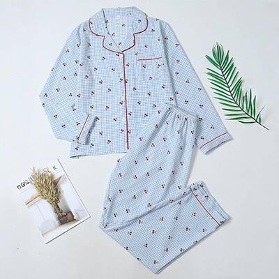 Spring Fall Women Sleepwear 2 Set Pajama Sleeve Pants Casual