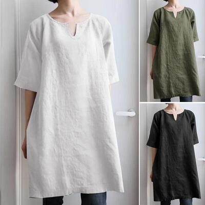 Cotton and linen mid sleeved dress for women