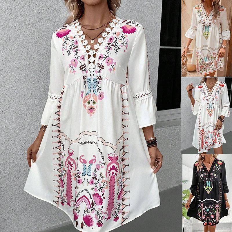 A women's printed Floral V-neck lace spliced bell-sleeve