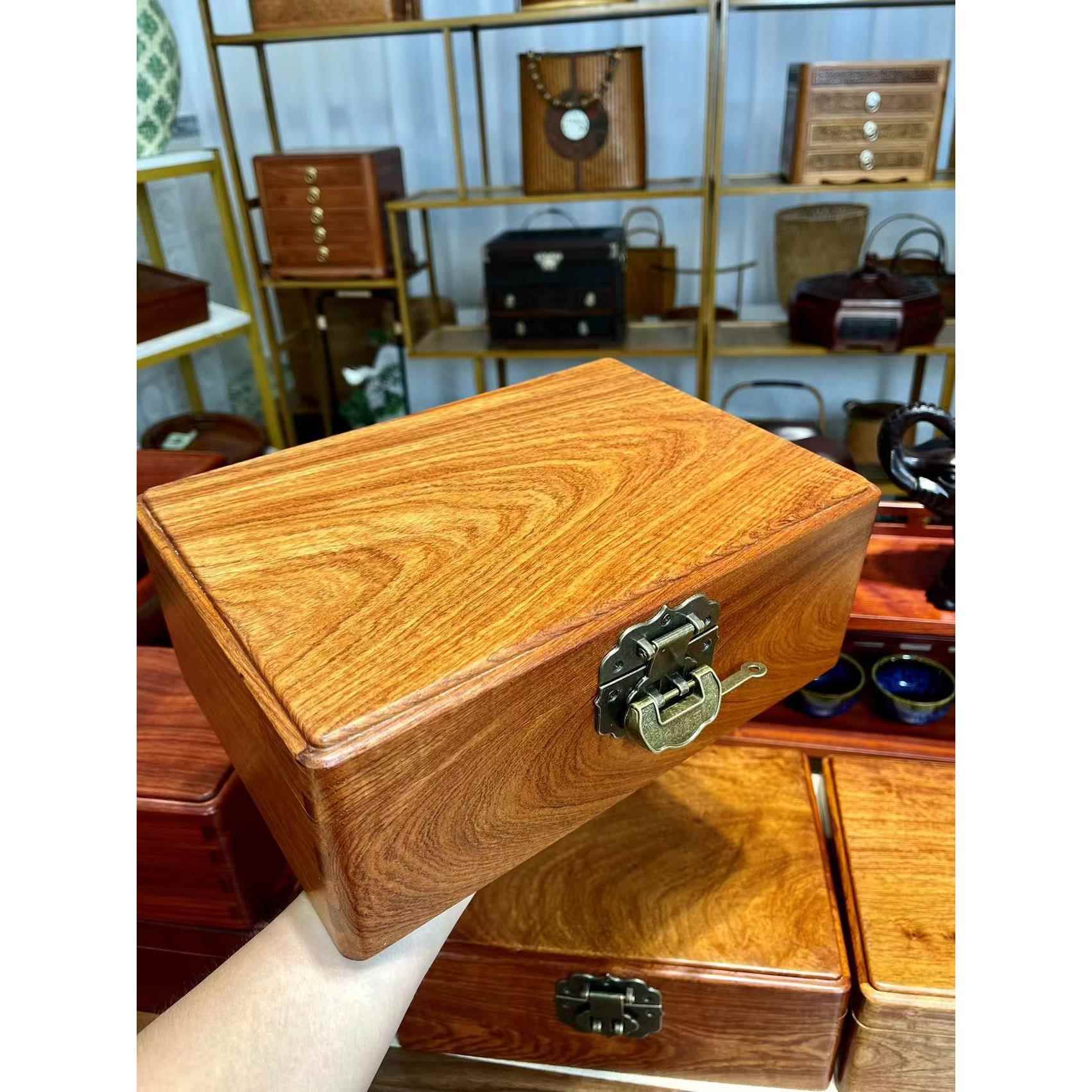 年度重器缅甸花梨木收纳盒实木独板首饰盒红木珠宝证件饰品带锁盒