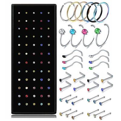40/60PCS Crystal Stud Nose Ring Set 1.8mm Stainless Steel No