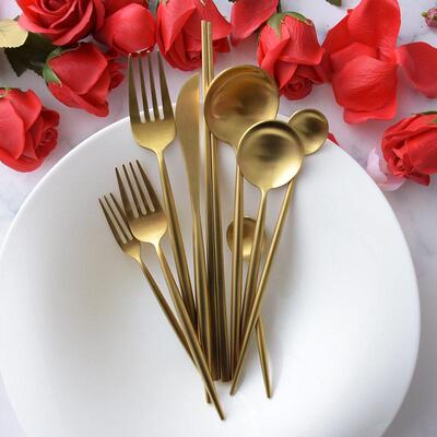 Matte gold knife and fork with round handle coffee spoon