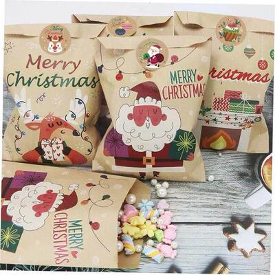 24Set Christmas Gift Bag Kraft Paper Bags Santa Claus Snowma
