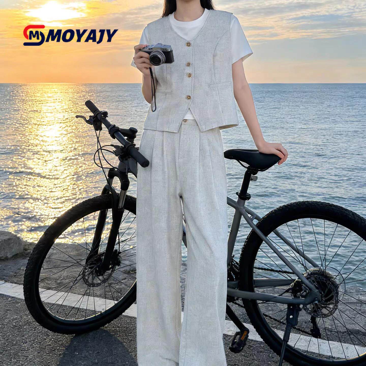 MOYAJY品牌慵懒风休闲时尚套装女春夏棉麻马甲短袖上衣阔腿裤套装