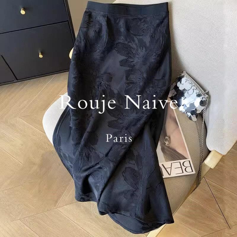 Rouje Naive新中式提花缎面半身裙女春夏国风高腰气质a字包臀裙子