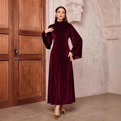 Autumn Winter Muslim Casual Velvet Dress Bell Sleeve Waist