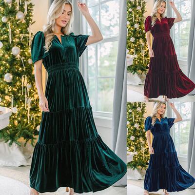 Women's Fashion Velvet Casual Vneck Short Sve Shirred Waist
