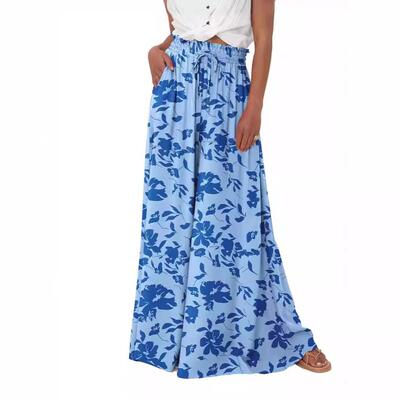 Women'S Floral Pants Wide Leg Palazzo Flowy Elastic High