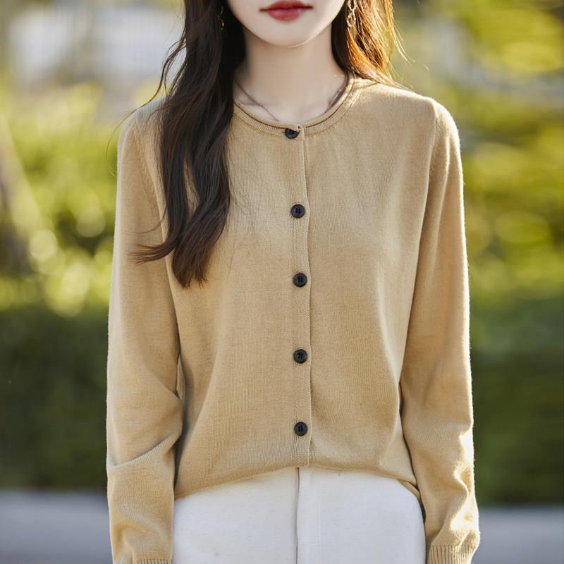 100%纯棉线圆领针织开衫女纯色宽松卷边全棉毛衣外套气质简约上衣