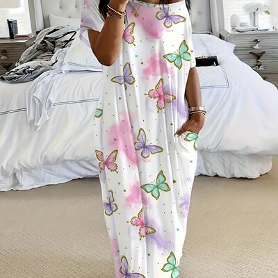 2026WomenS Butterfly Star Print Pocket Round Neck Nightdress