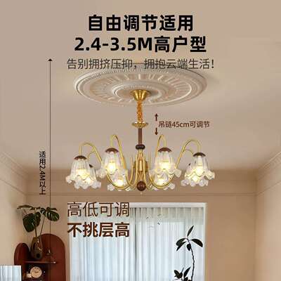 全铜中古风11053客轻厅吊灯法式复4古胡桃实厅木餐卧室灯书房奢新