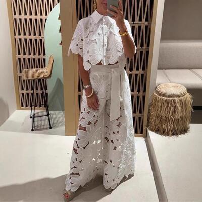 Women's 2026 New Retro Lace Outfit Set Short Sleeved Blouse