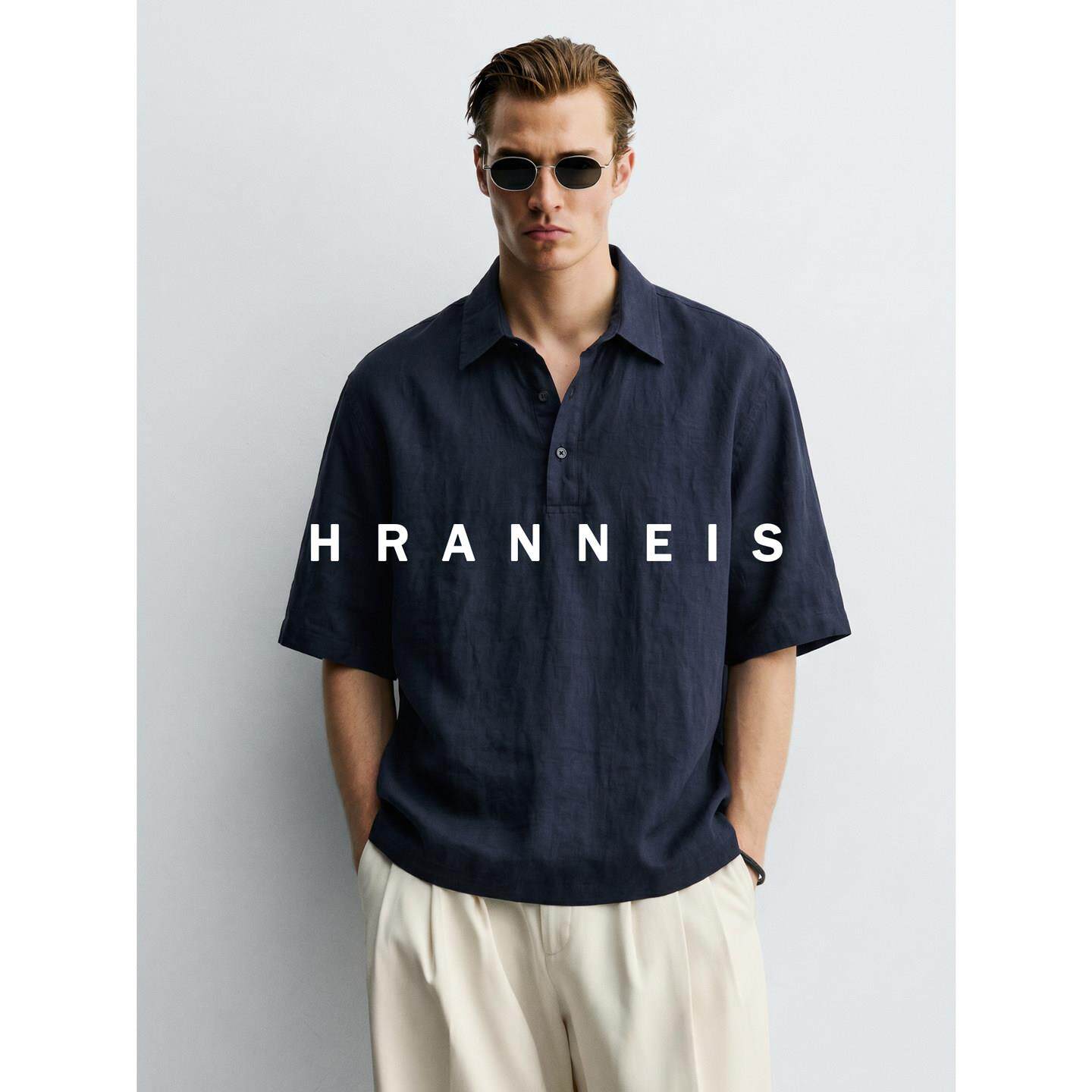 HRANNEIS100%亚麻套头衬衫男士2026新款夏季凉感透气短袖衬衫男装