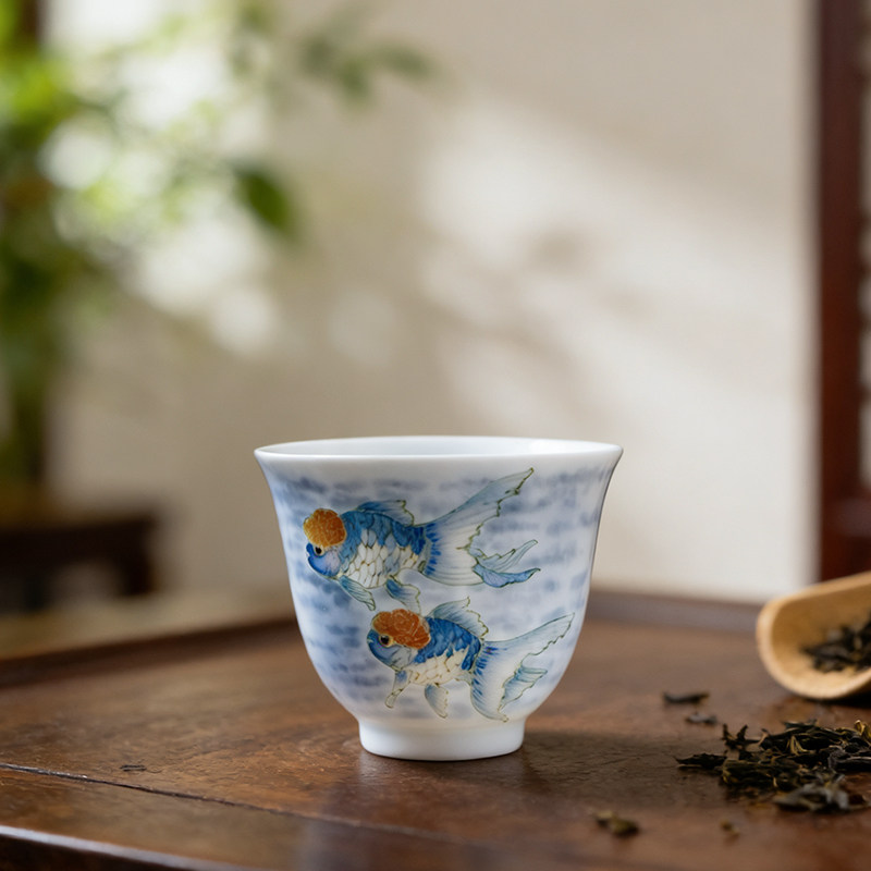 年年有余茶盏主人杯大师釉下五彩纯手绘陶瓷茶杯闻香杯轻奢茶器