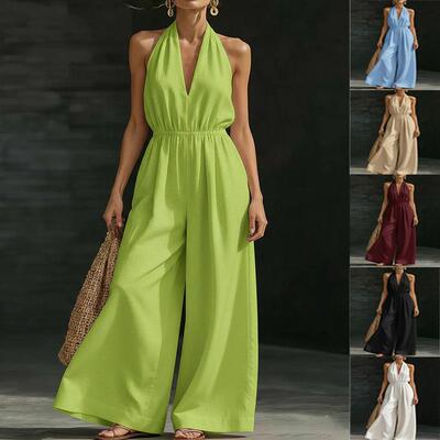 Women ’ s Halter V-Neck Wide Leg Jumpsuit – Elegant Summer