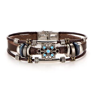 Vintage flower Turquoise mens Leather Bracelet绿松石皮手炼