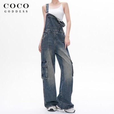 COCO&GODDESS设计感背带裤女2025秋季新款侧边口袋高腰直筒牛仔裤