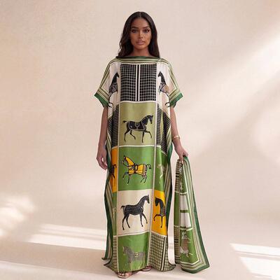 Elegant All-Over Printed Matching Robe Set, Fitted Long