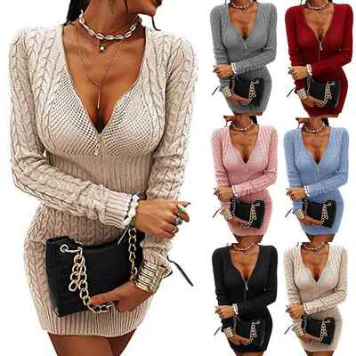 Women's Knitted Sweater Mid to Long Hip Wrap Dress V-neck
