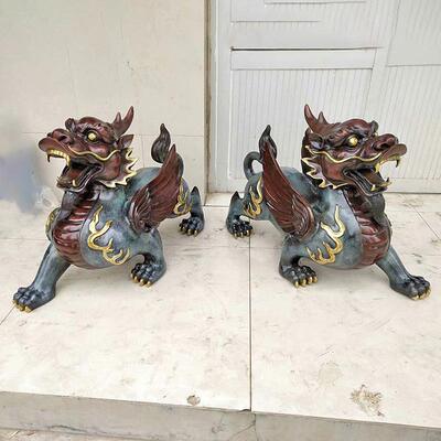 大号铜貔貅独角兽一对朝天吼天禄兽皮丘摆件做雕塑