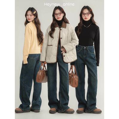 LVEHEYNEW复设计感直筒O牛仔c59C-811裤女秋冬瘦加绒百搭古阔腿显