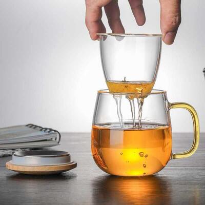 Glass Tea Infuser Cup With Transparent Filter Bamboo Lid
