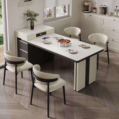 实木伸缩岛台岩板桌餐桌一体椅餐桌轻CMT茶组合简奢约家用现代小