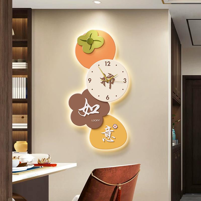 柿柿如意餐厅钟表装饰画新中式客厅电视背景墙挂钟画墙上静音时钟