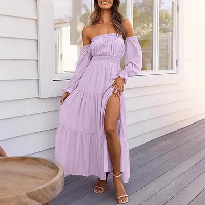 Women Boho Off Shoulder Sleeve Smocked Waist Side Split