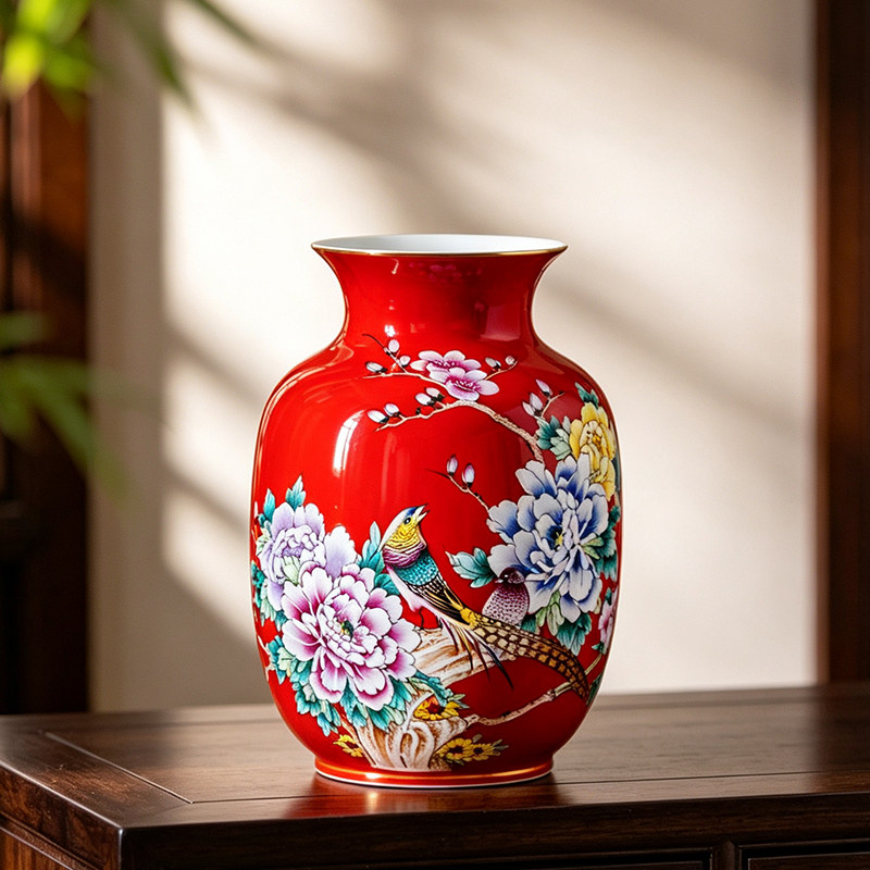 中国红珐琅彩高档花瓶大师纯手绘陶瓷冬瓜瓶中式装饰陈列轻奢摆件