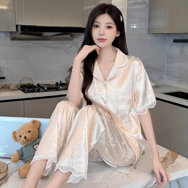 日本GP冰丝睡衣女款夏季高级感短袖薄款甜美真丝开衫家居服套装