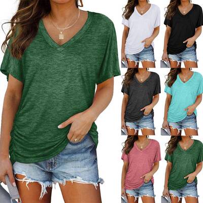 Danedvi Women's V-Neck Short Sleeve Loose Basic Minimalist
