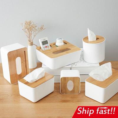 tissue box room paper storage napkin holder 收纳竹盖纸巾盒