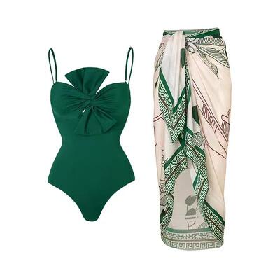 Womens Green 2 Piece Swimsuit Set With Cover Up Skirt Twist