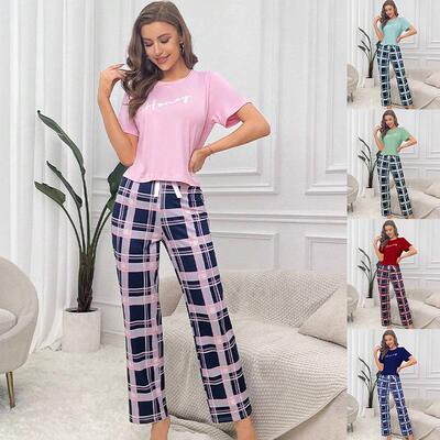 Short sleeved checkered cropped pants women's home