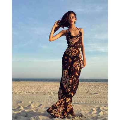 Floral Maxi Dress Women Cowl Neck Spaghetti Strap Print Beac