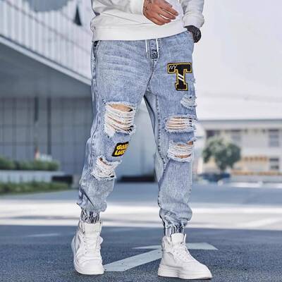 Men's Patched Ripped Distressed Knee Jeans Drawstring Waist