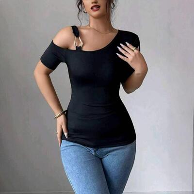 Solid Color Asymmetric Neck Slim Women T-shirt