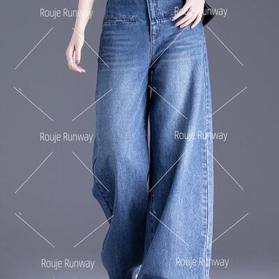 法式Rouje Runway天丝莱赛尔亚麻牛仔裤女春秋高腰垂感阔腿直筒裤