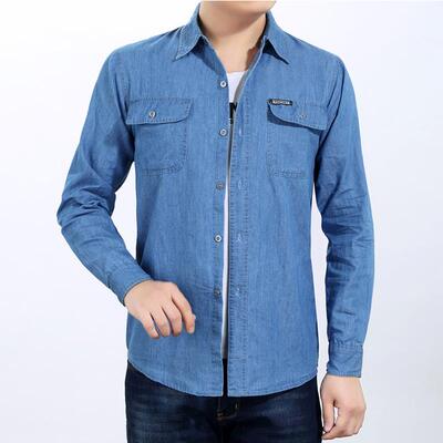 高档码工装牛仔衬衫男宽松大男士衬衣柔超劳薄动服软防晒服长袖工